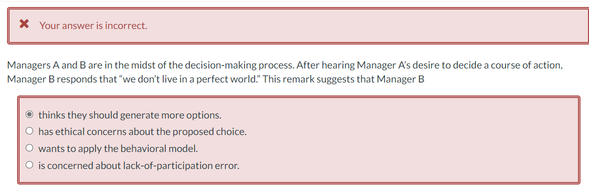 Solved X Your answer is incorrect. Managers A and B are in | Chegg.com