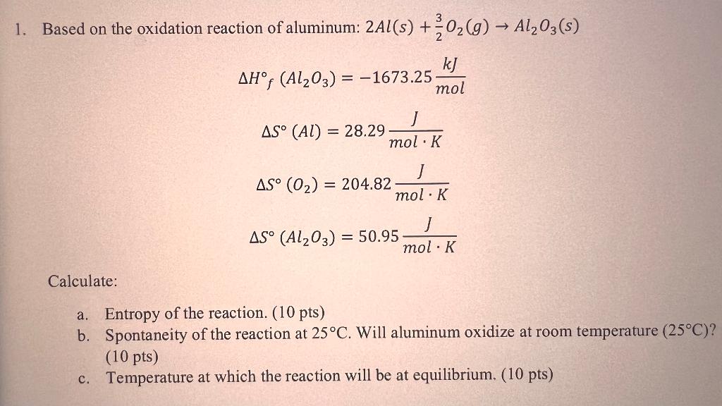 Solved Based on the oxidation reaction of aluminum: | Chegg.com