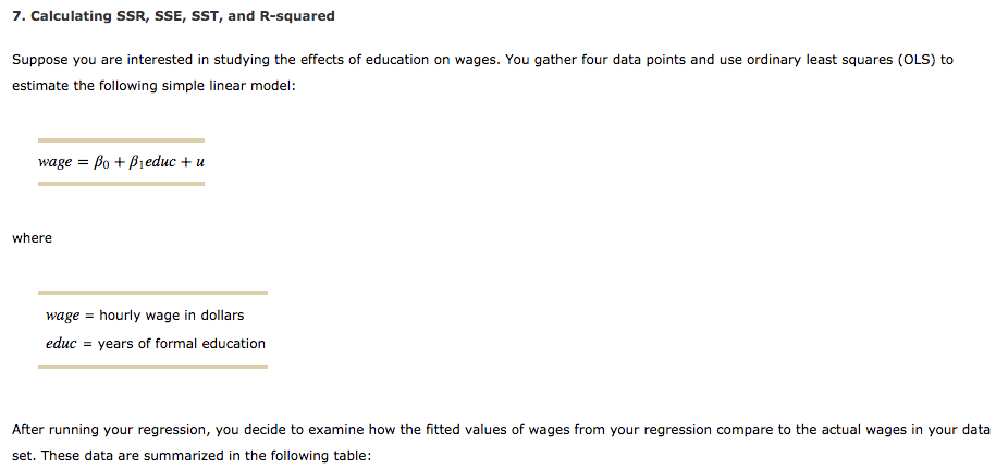 Solved 7. Calculating sSR, sSE, SST, and R-squared Suppose | Chegg.com