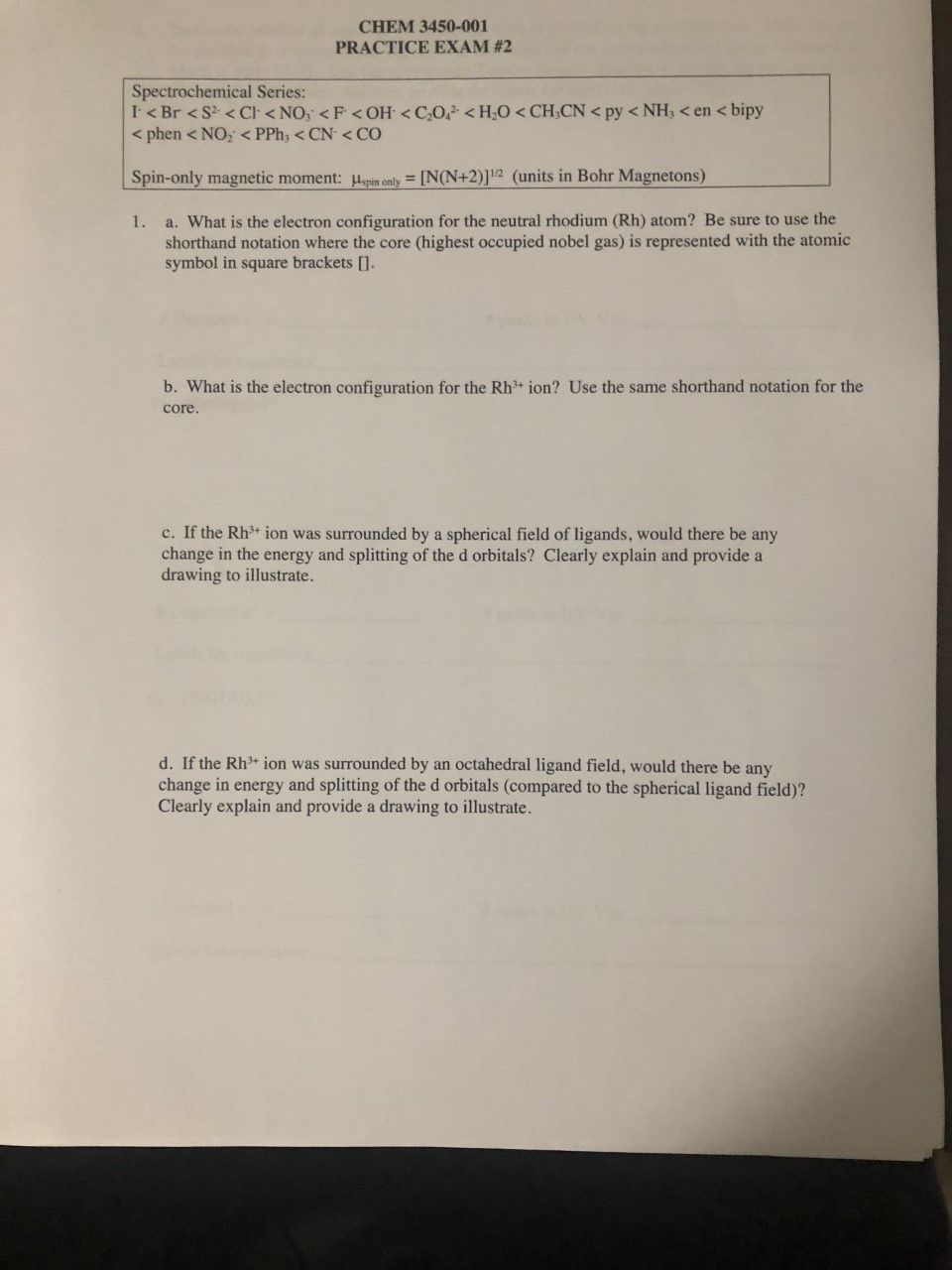 Solved CHEM 3450-001 PRACTICE EXAM #2 Spectrochemical | Chegg.com