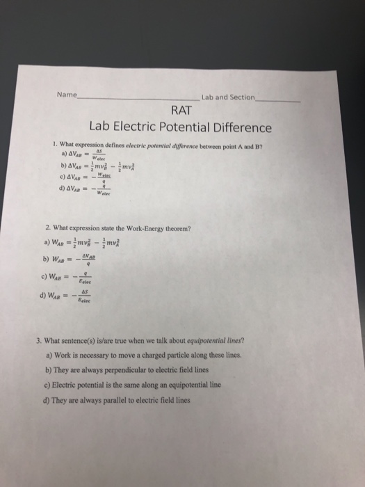 Solved Name Lab and Section RAT Lab Electric Potential | Chegg.com