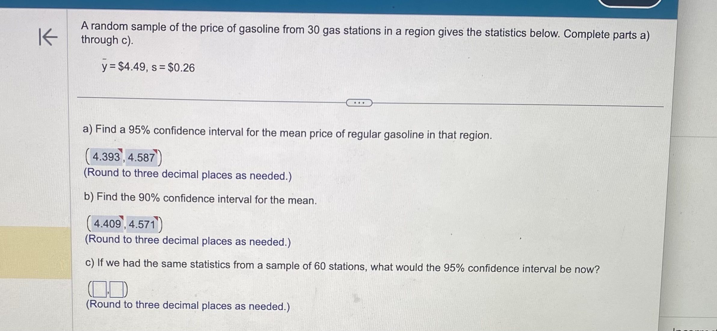 Solved A random sample of the price of gasoline from 30 gas | Chegg.com