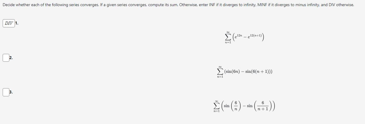 Solved 1. \\[ \\sum_{n=1}^{\\infty}\\left(e^{12 | Chegg.com