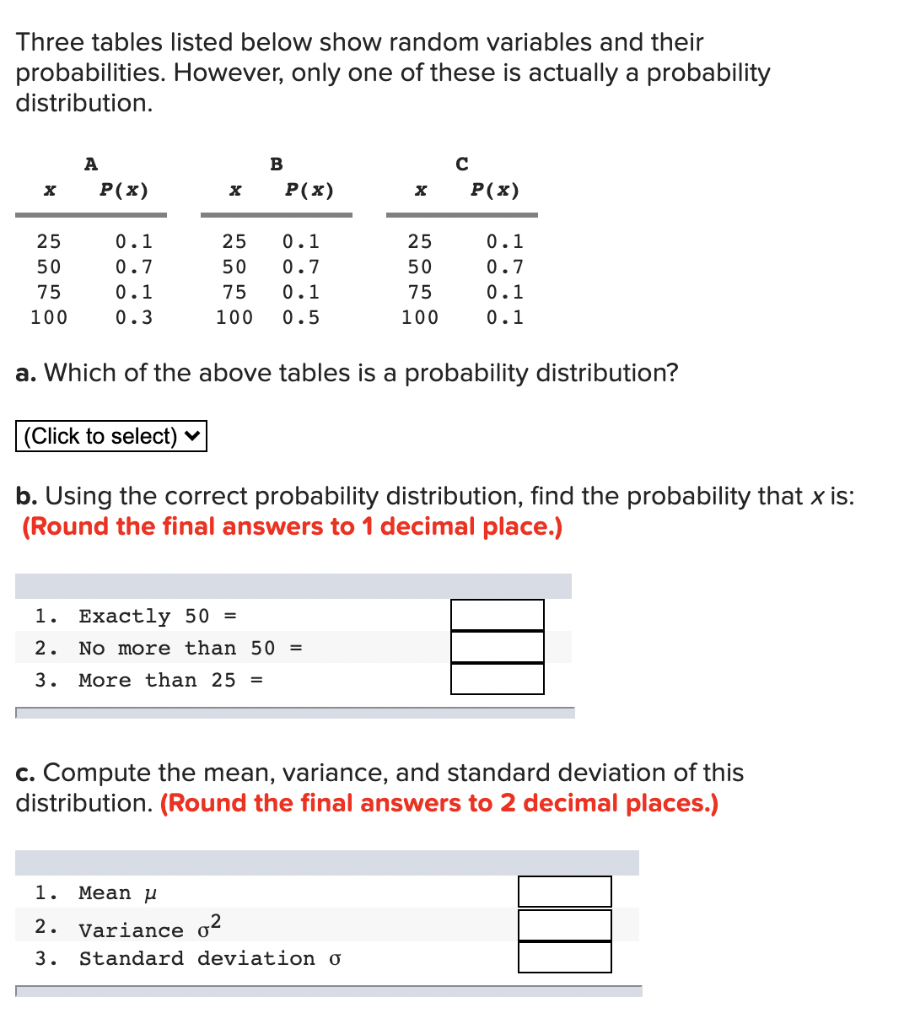 Solved Three tables listed below show random variables and | Chegg.com