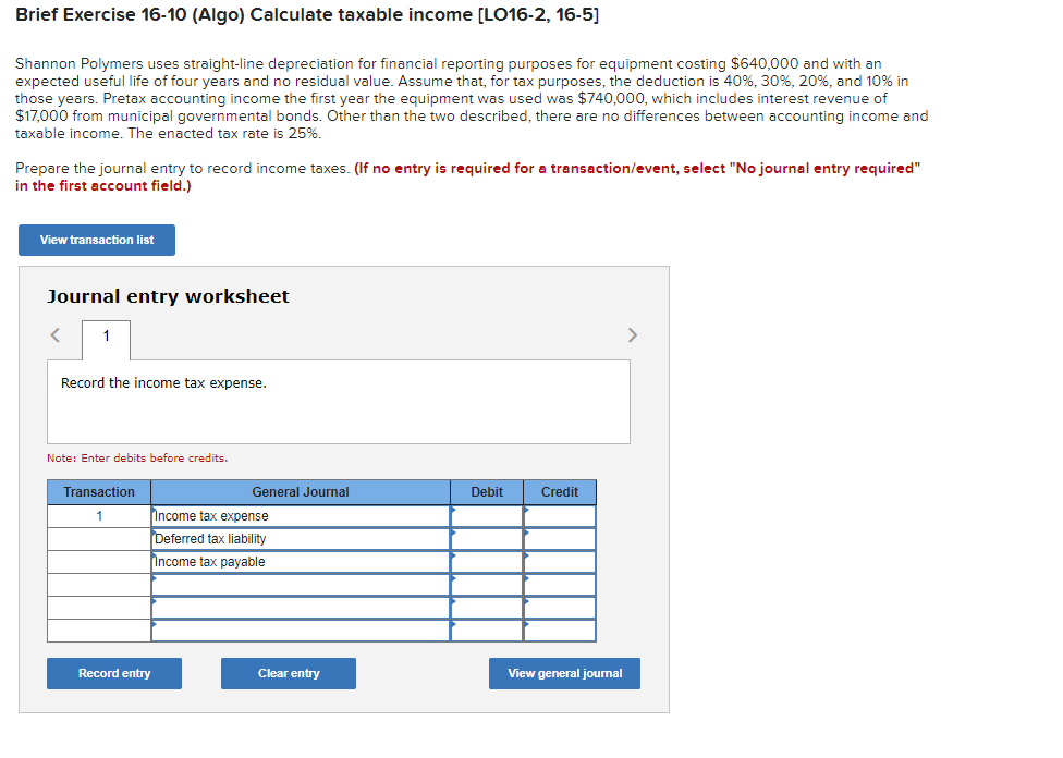 Solved Brief Exercise 16-10 (Algo) Calculate taxable income | Chegg.com