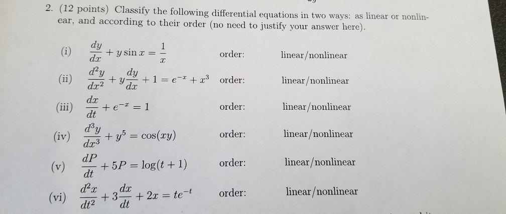 Solved 2. (12 points Classify the following differential | Chegg.com