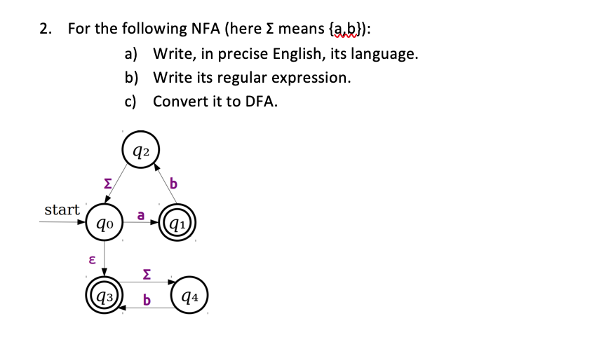 Solved 2. For the following NFA (here ? means {aub}): a) | Chegg.com