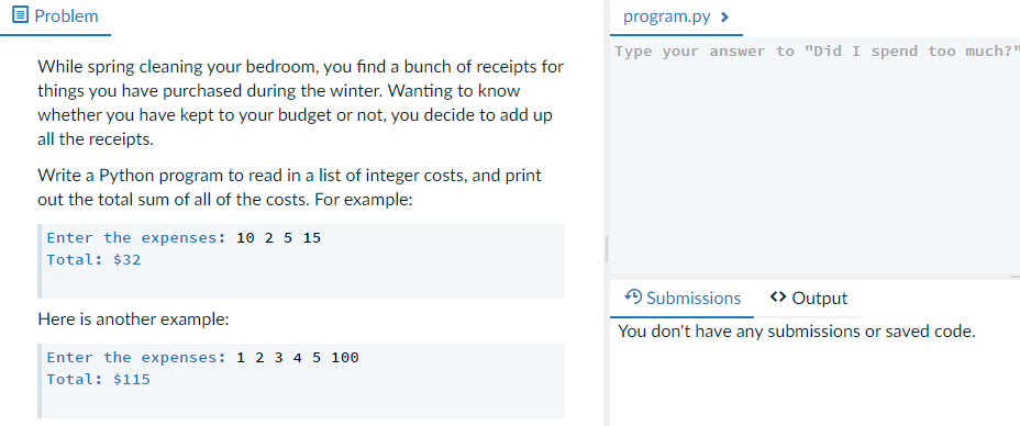 Solved Problem program.py > Type your answer to "Did I spend | Chegg.com