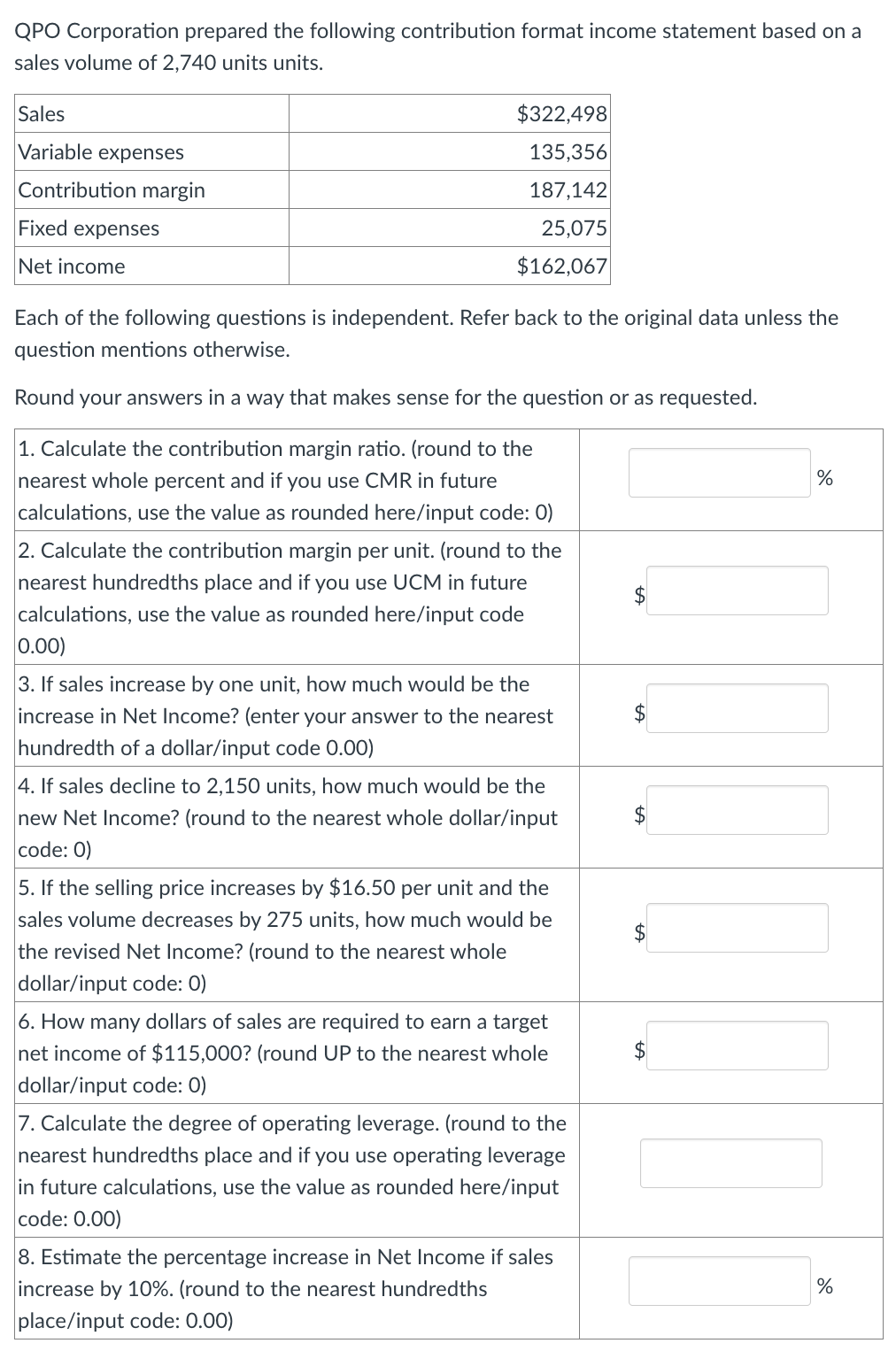 Solved QPO Corporation prepared the following contribution | Chegg.com