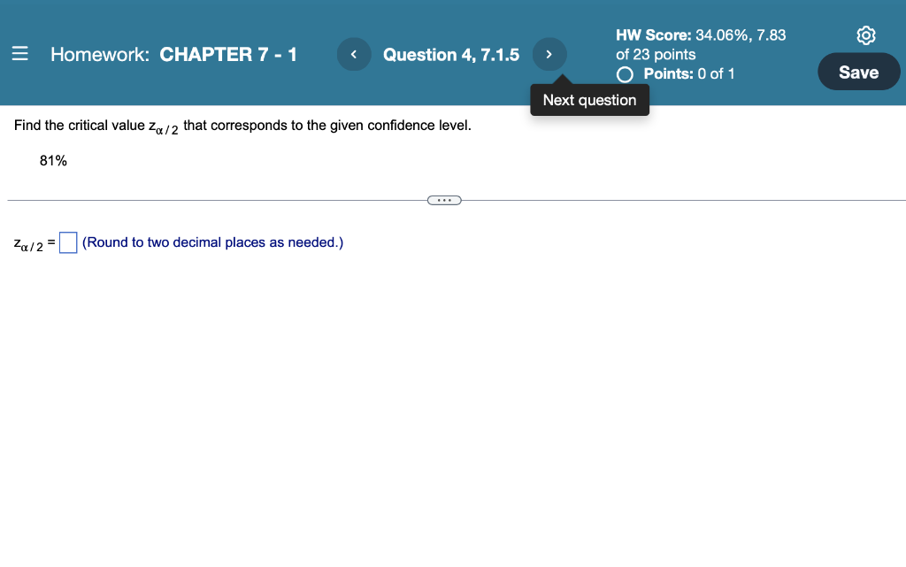 Solved = Homework: CHAPTER 7 - 1 Question 4, 7.1.5 HW Score: | Chegg.com
