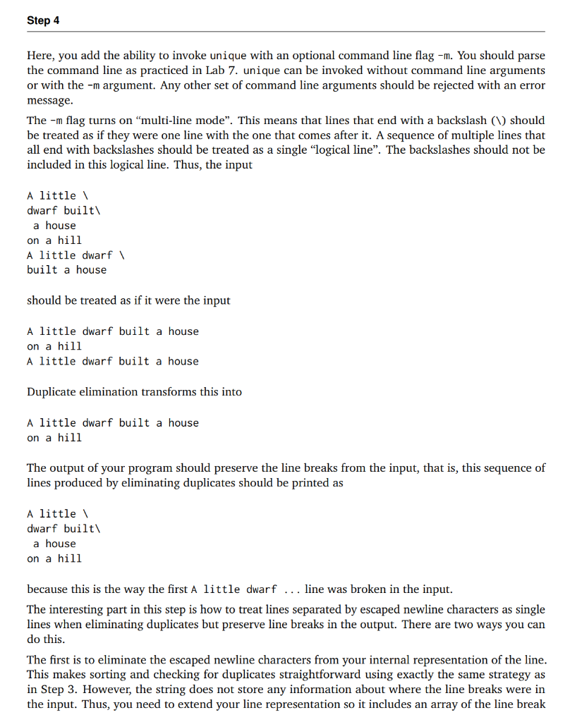 Step 1 Implement a C program unique.c that recreates | Chegg.com