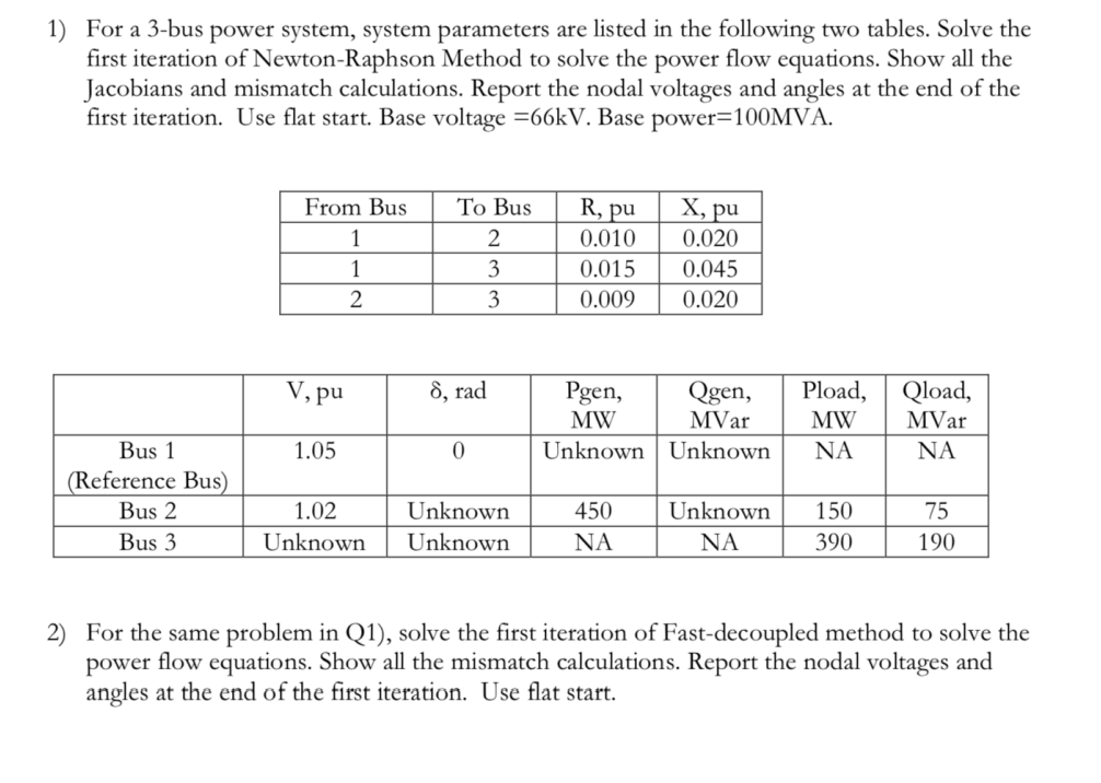 Solved 1) For a 3-bus power system, system parameters are | Chegg.com