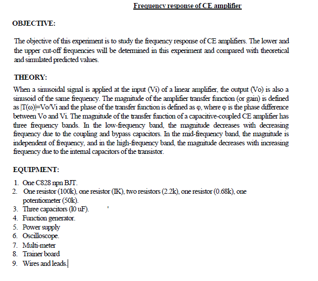 Solved Frequency response of CE amplifier OBJECTIVE: The | Chegg.com