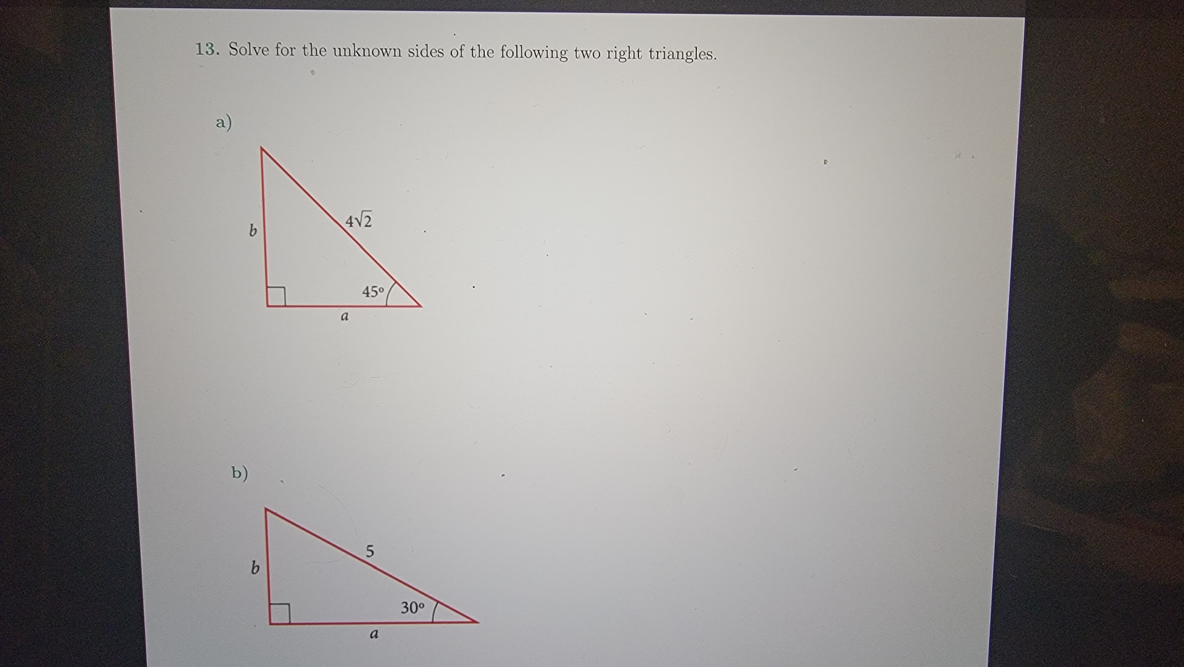 Solved 13. Solve for the unknown sides of the following two | Chegg.com