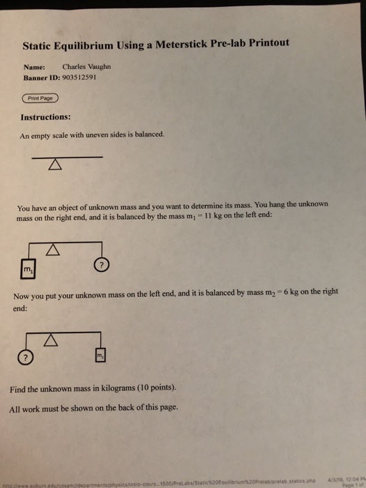 Solved Static Equilibrium Using a Meterstick Pre-lab | Chegg.com