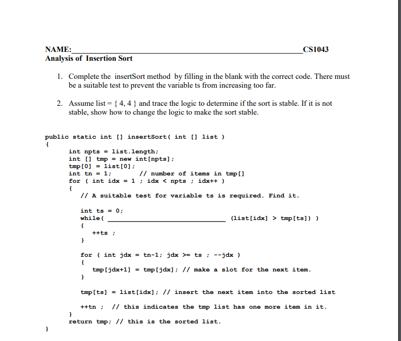 NAME: Analysis of Insertion Sort CS1043 1. Complete | Chegg.com
