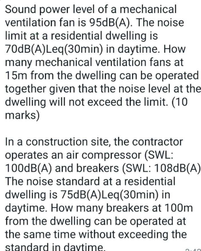 Sound power level of a mechanical ventilation fan is | Chegg.com