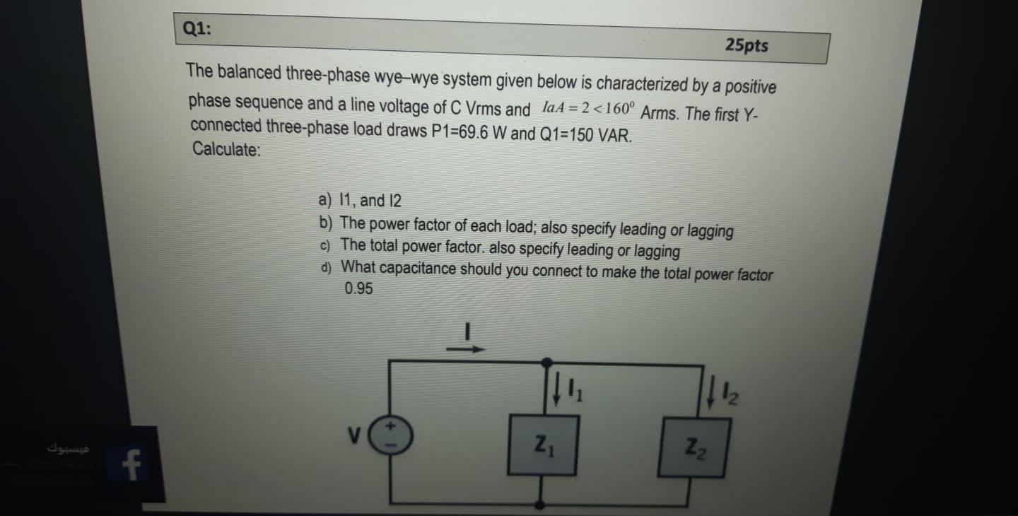 Solved Q1: 25pts The balanced three-phase wye-wye system | Chegg.com