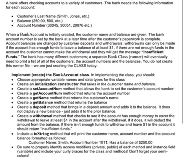 Solved Bank Account java class that must be done without a | Chegg.com