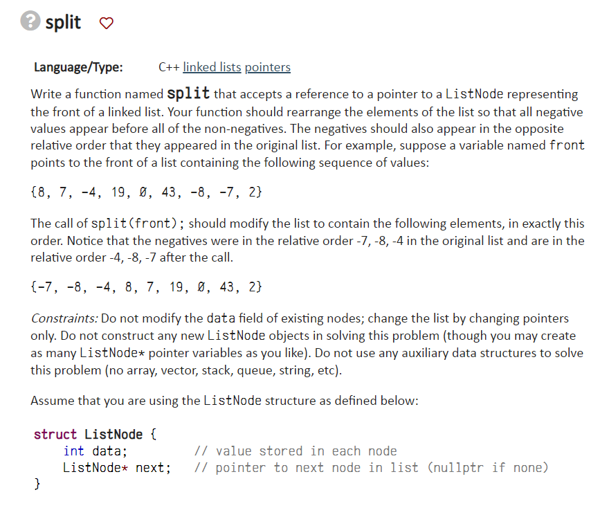 Solved split Language/Type: C++ linked lists pointers Write | Chegg.com Solved split Language/Type: C++ linked lists pointers Write | Chegg.com