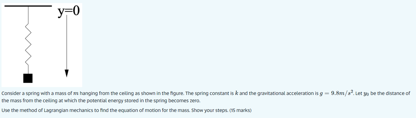 Solved y=0 y=0 Consider a spring with a mass of m hanging | Chegg.com
