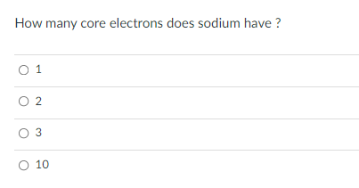 Solved How many core electrons does sodium have? 1 2 3 10 | Chegg.com