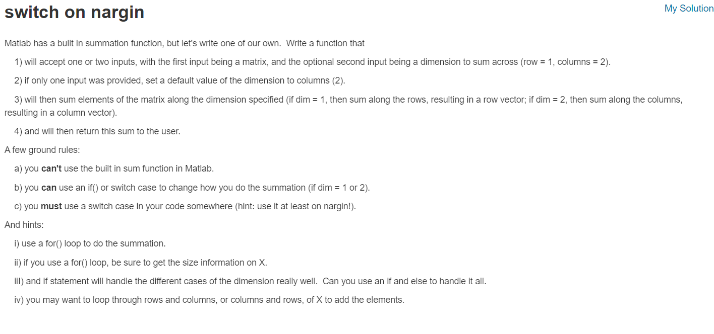 Solved switch on nargin My Solution Matlab has a built in | Chegg.com