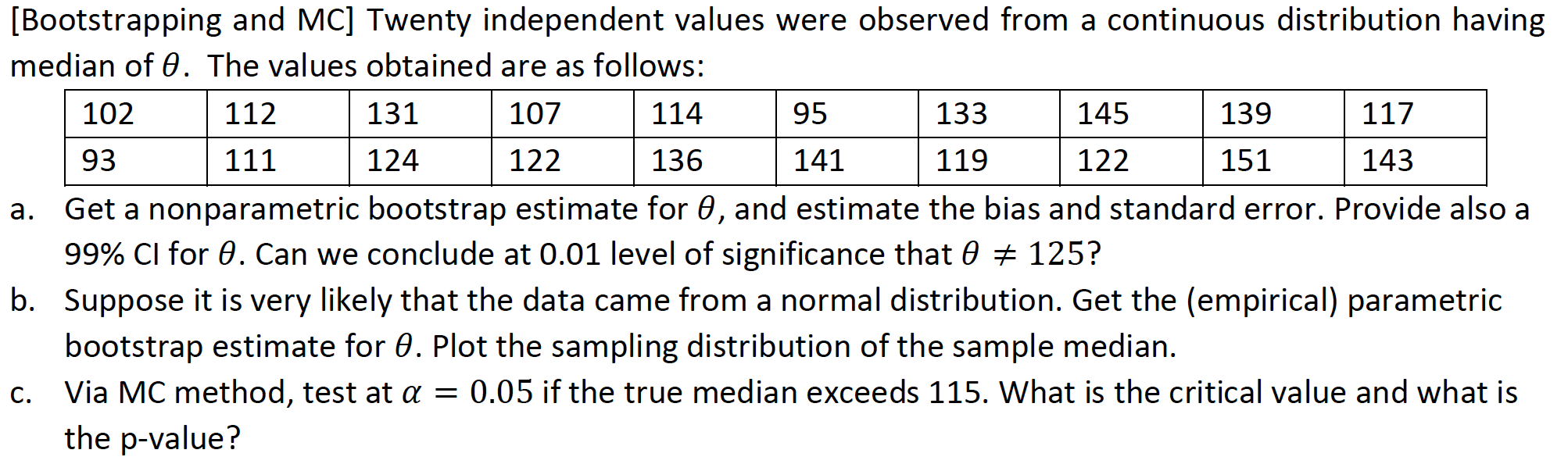 a. 1 [Bootstrapping and MC] Twenty independent values | Chegg.com