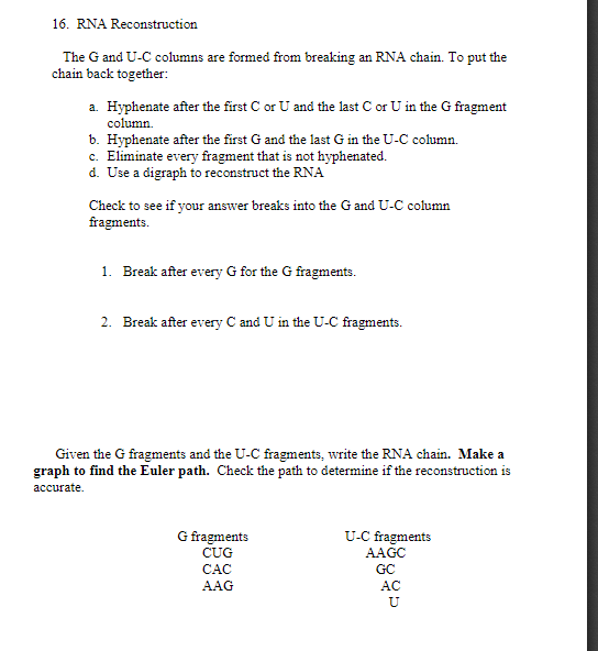 Solved 16. RNA Reconstruction The G and U-C columns are | Chegg.com