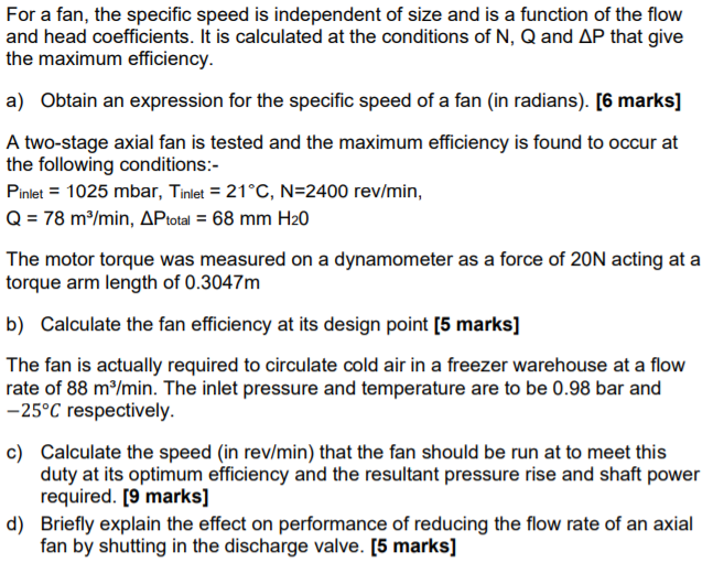 For a fan, the specific speed is independent of size | Chegg.com