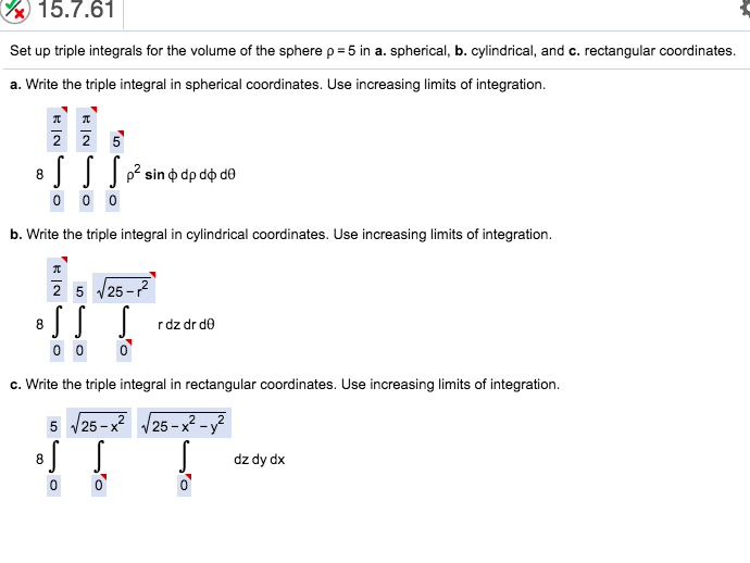 Solved % ) 15.7.61 Set up triple integrals for the volume of | Chegg.com