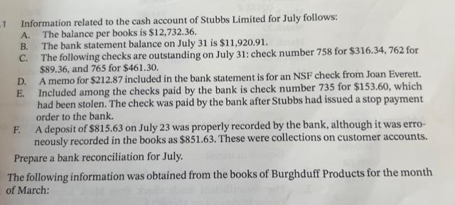 Solved 1 Information related to the cash account of Stubbs | Chegg.com