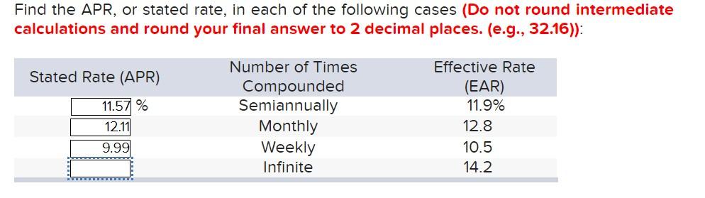 Solved Find the APR, or stated rate, in each of the | Chegg.com