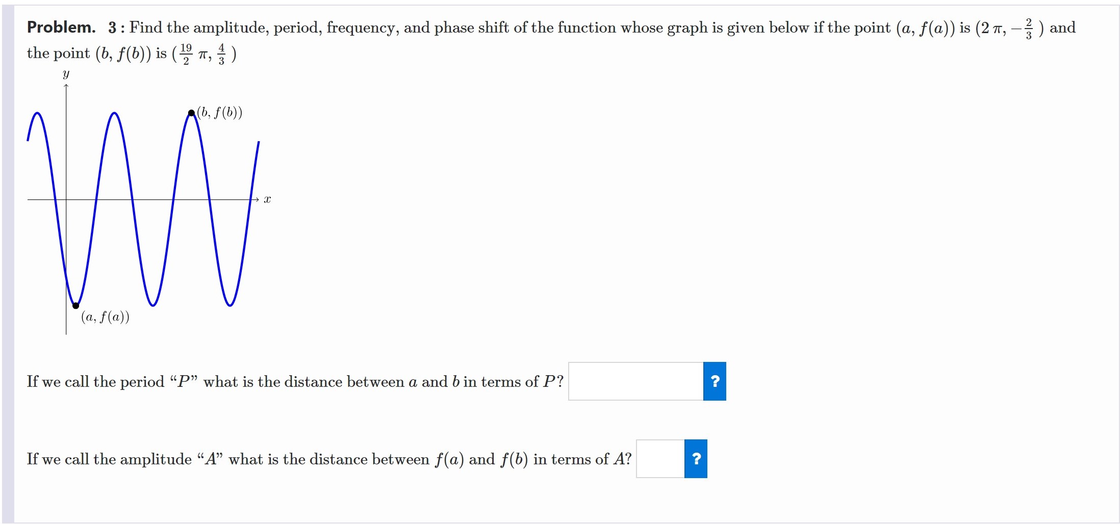 Solved Problem. 3: Find the amplitude, period, frequency, | Chegg.com