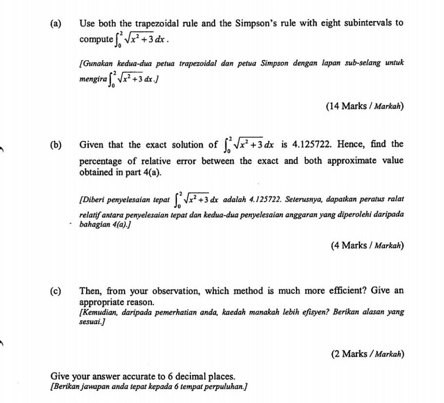 Solved (a) Use both the trapezoidal rule and the Simpson's | Chegg.com