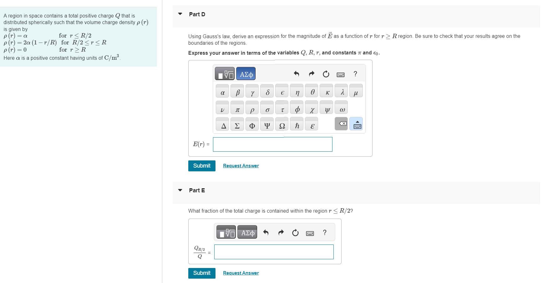 Solved A region in space contains a total positive charge Q | Chegg.com