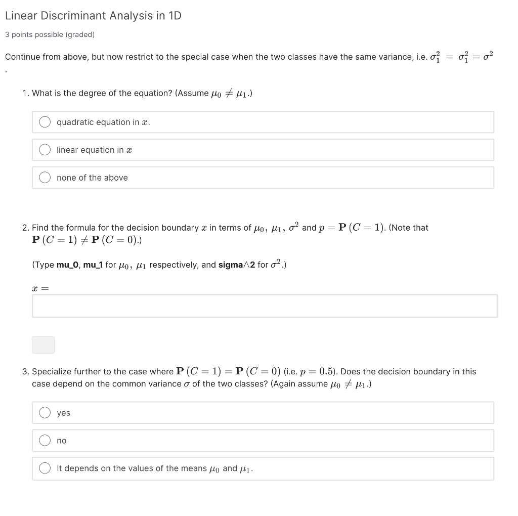 Solved Linear Discriminant Analysis in 1D 3 points possible | Chegg.com