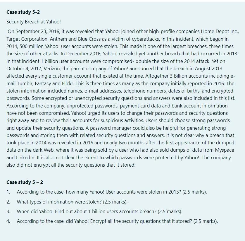 Solved Case study 5-2 Security Breach at Yahoo! On September | Chegg.com