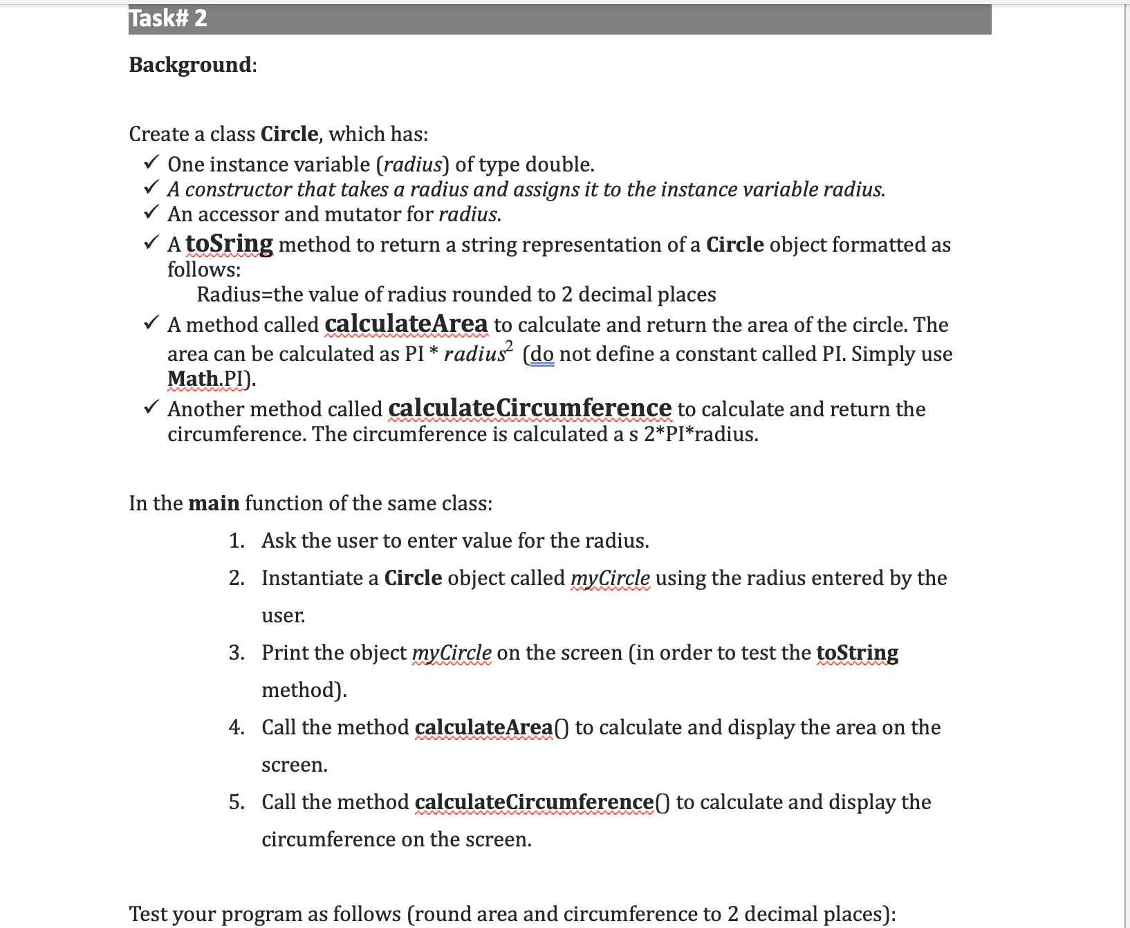 Solved Task# 2 Background: Create a class Circle, which has: | Chegg.com