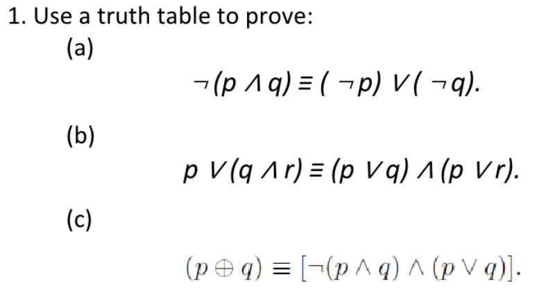Solved 1. Use a truth table to prove: (a) ¬(p∧q)≡(¬p)V(¬q) | Chegg.com