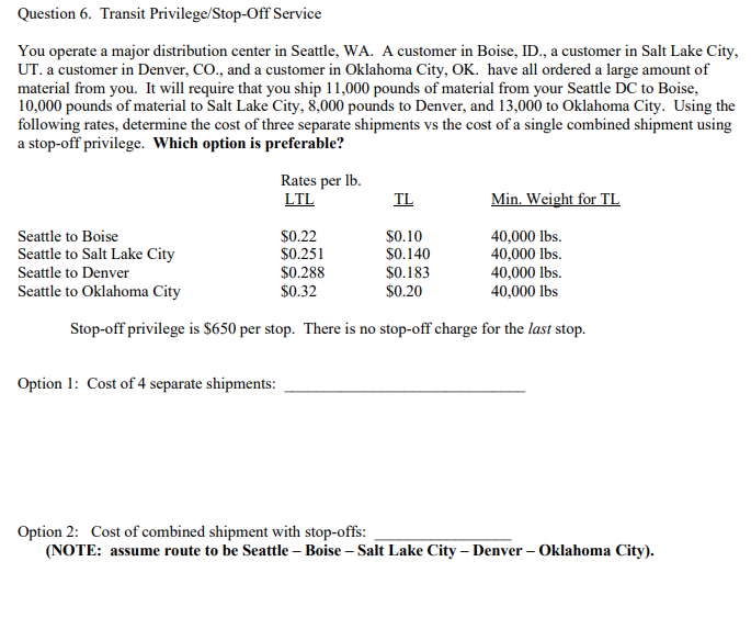 Solved Question 6. Transit Privilege/Stop-Off Service You | Chegg.com