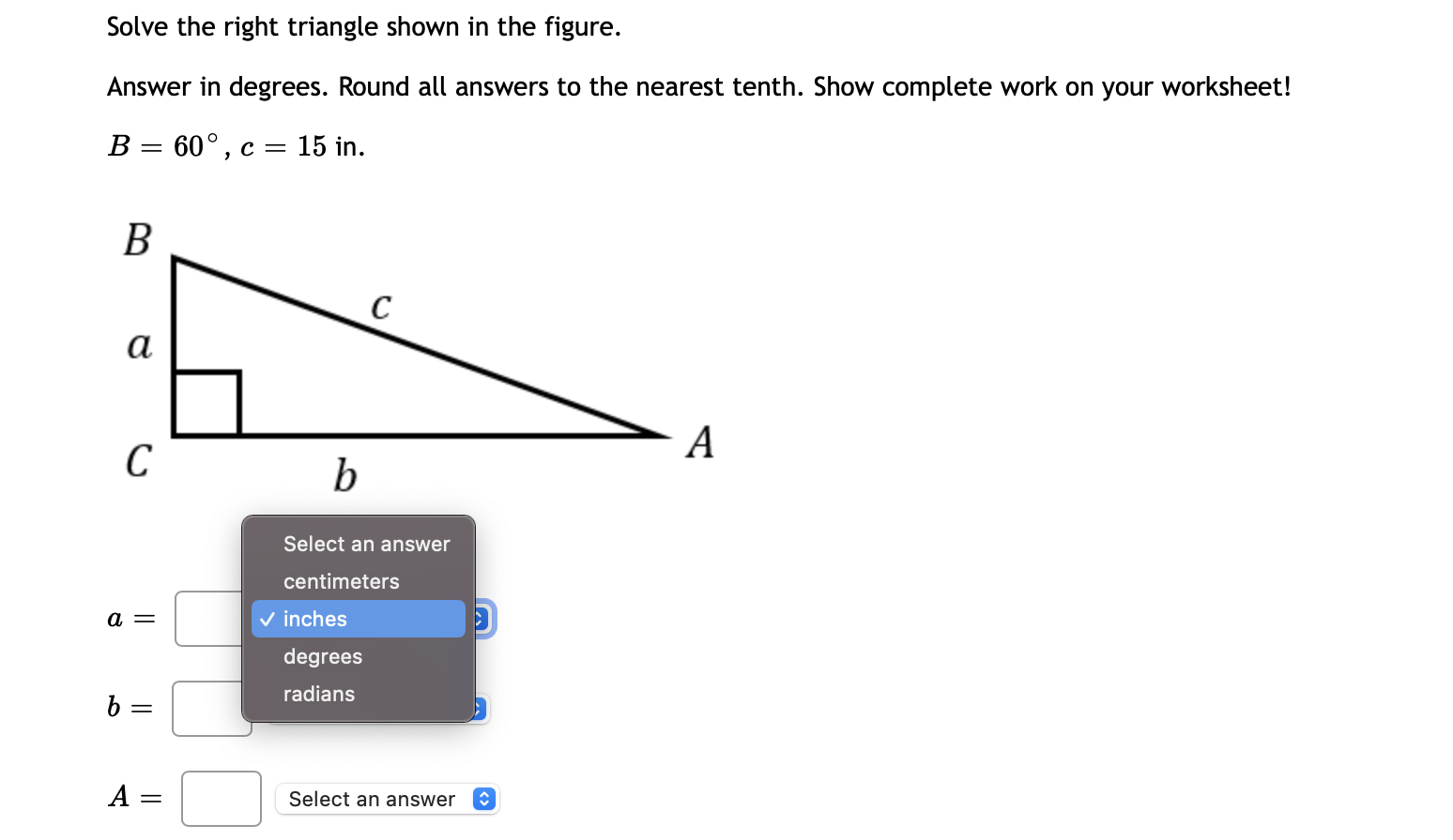 Solved Solve the right triangle shown in the figure. Answer | Chegg.com
