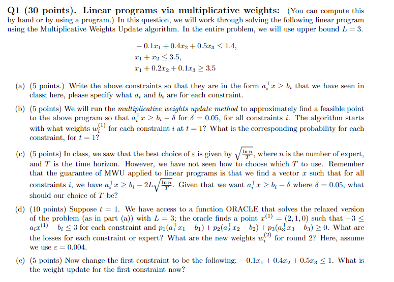 Q1 30 Points Linear Programs Via Multiplicative