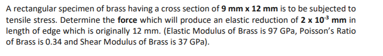 Solved A rectangular specimen of brass having a cross | Chegg.com