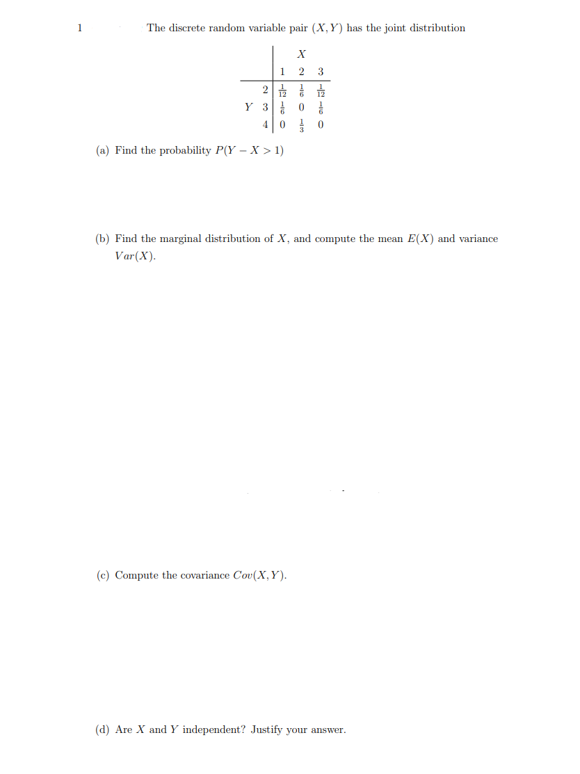 Solved 1 The discrete random variable pair (X,Y) has the | Chegg.com