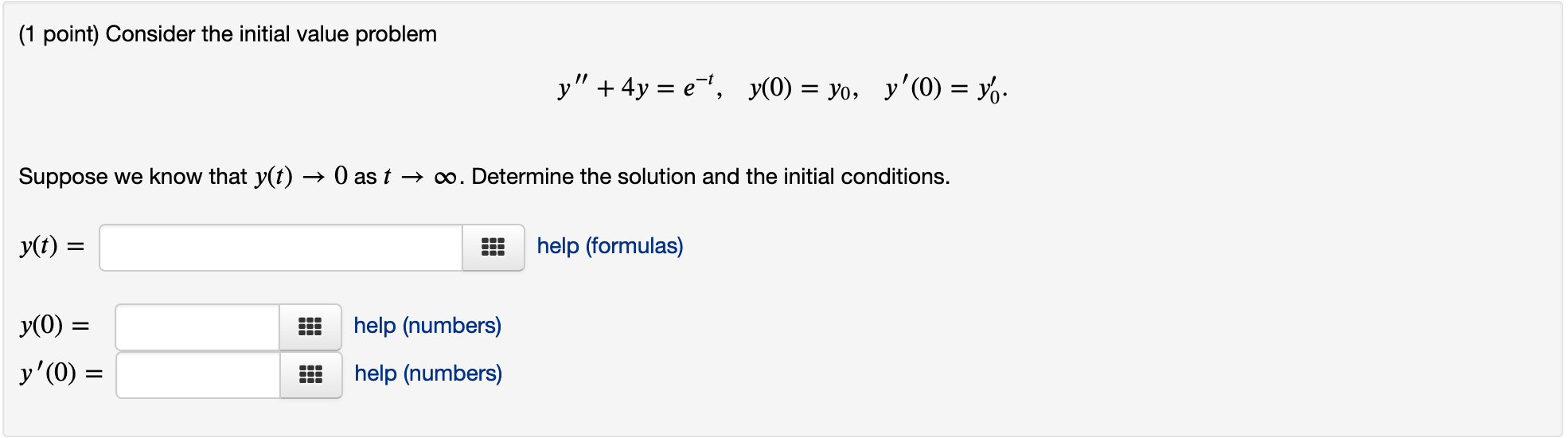 Solved (1 point) Consider the initial value problem y" + 4y | Chegg.com