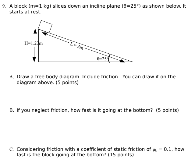 Solved A block (m=1kg) ﻿slides down an incline plane (θ=25°) | Chegg.com