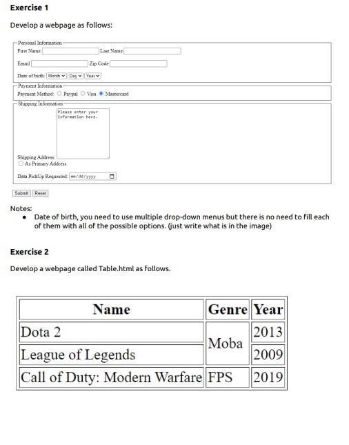 Solved Exercise 1 Develop a webpage as follows: - Personal | Chegg.com