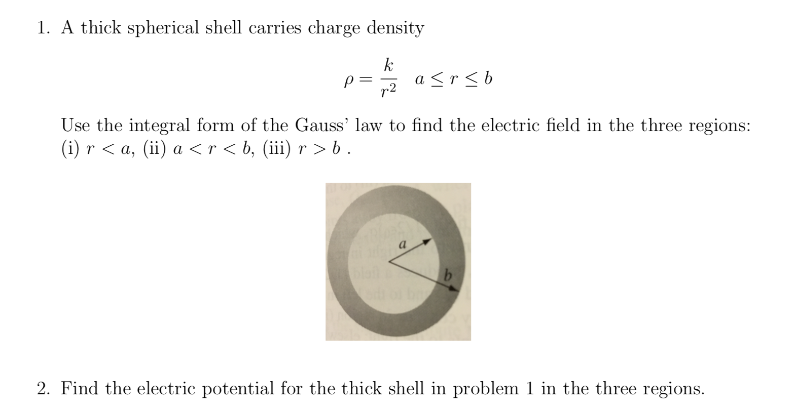 Solved 1. A thick spherical shell carries charge density k р | Chegg.com