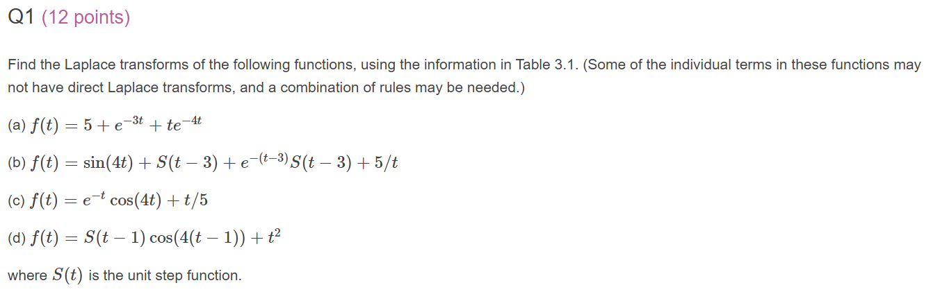 Solved Q1 (12 points) Find the Laplace transforms of the | Chegg.com